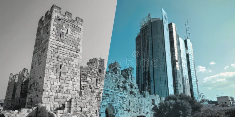 A Split-tone Image of an Ancient Castle and a Modern Skyscraper Side by ...