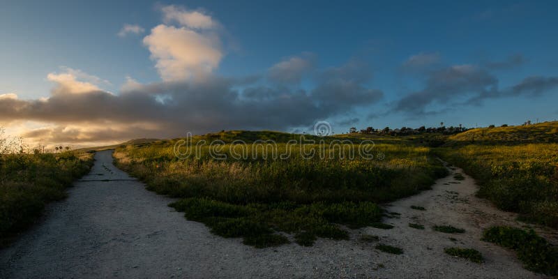 Split Trail stock image. Image of path, clouds, sunset - 163428281