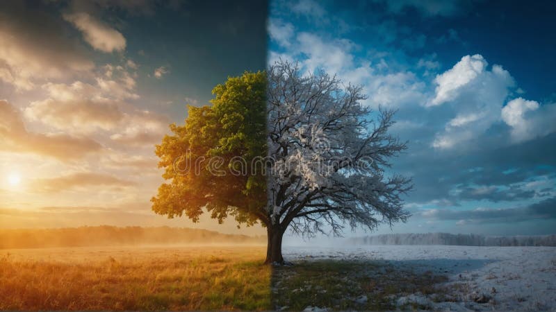 Split Tree Depicting Seasons, Transitioning from Autumn To Winter ...