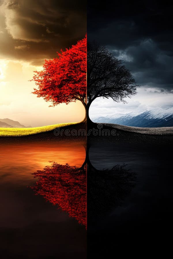 Split Tree Representing Seasons and Contrasts Stock Illustration ...