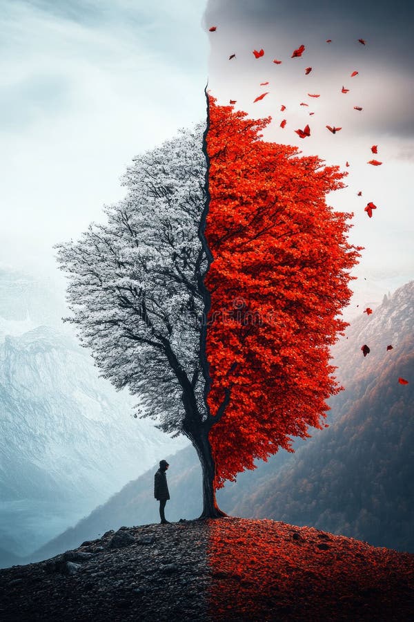 Split Tree Representing Seasons with Falling Leaves Stock Illustration ...