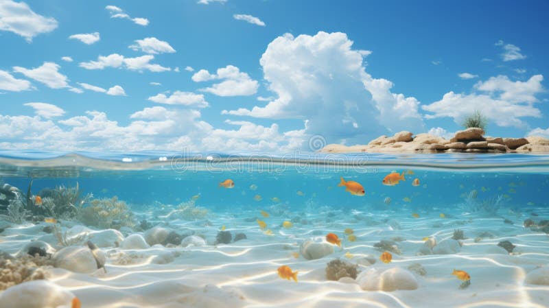 Split Underwater View with Sunny Sky and Serene Sea Stock Illustration ...