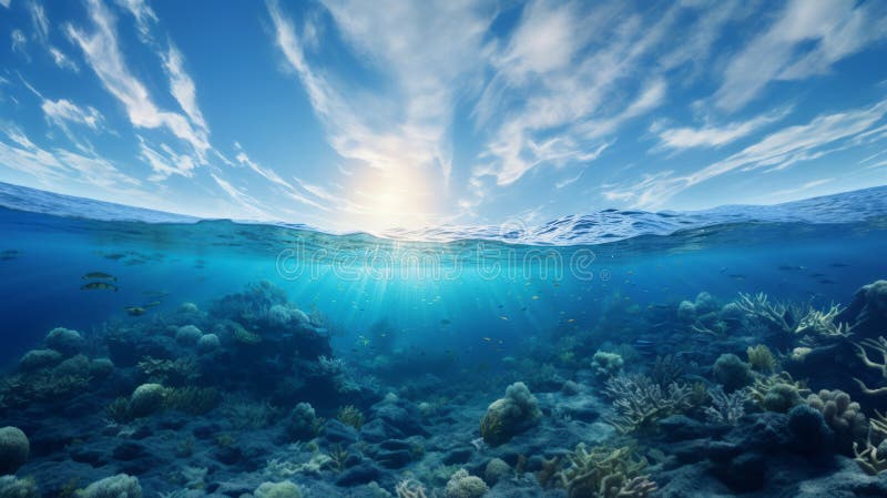 Split Underwater View with Sunny Sky and Serene Sea Stock Illustration ...