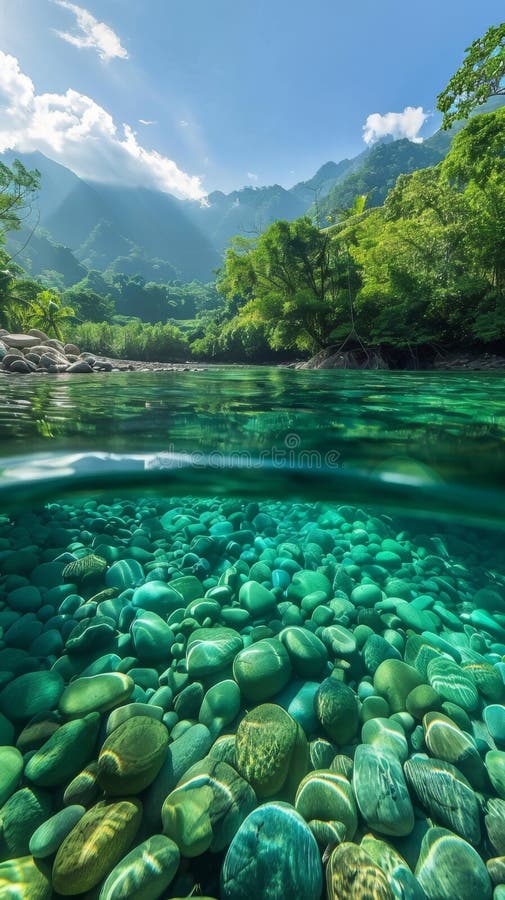 Split View of a Crystal-clear River with Colorful Pebbles and Lush ...