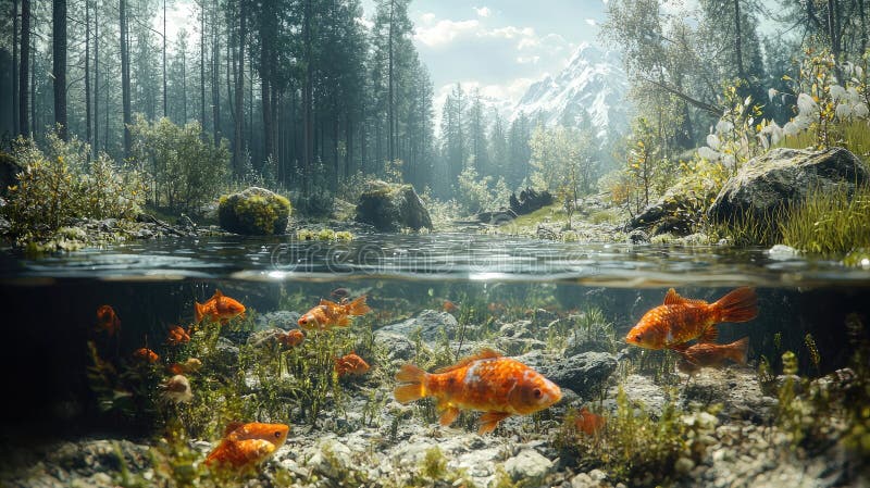 Split View of a Forest River and Goldfish Swimming Underwater Stock ...