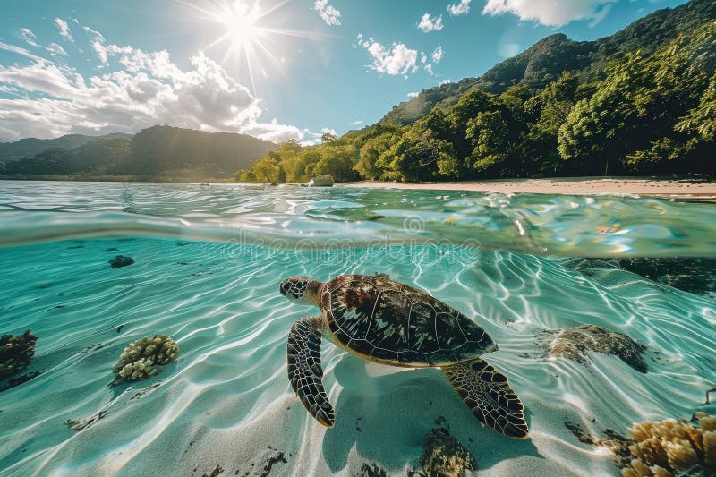 Split View of a Graceful Sea Turtle Underwater with a Sun-drenched ...