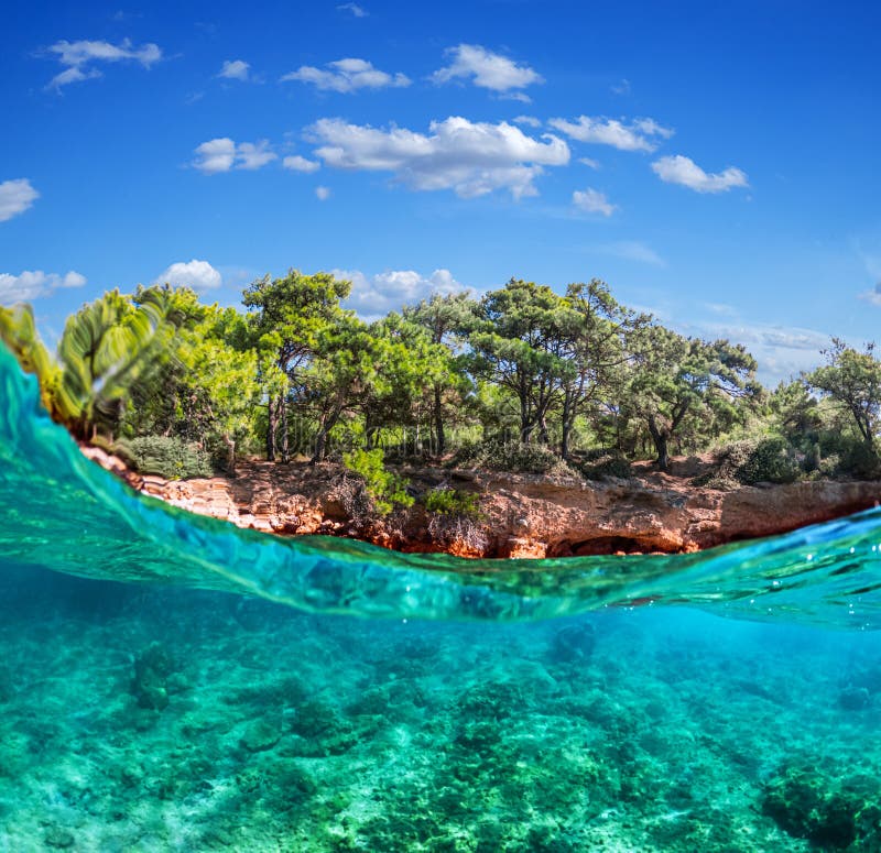 Split View - Half Underwater View of Beautiful Seabed and Rocky ...