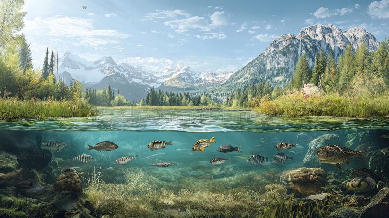 A Split View Landscape Showing a Mountain Lake and Underwater View with ...