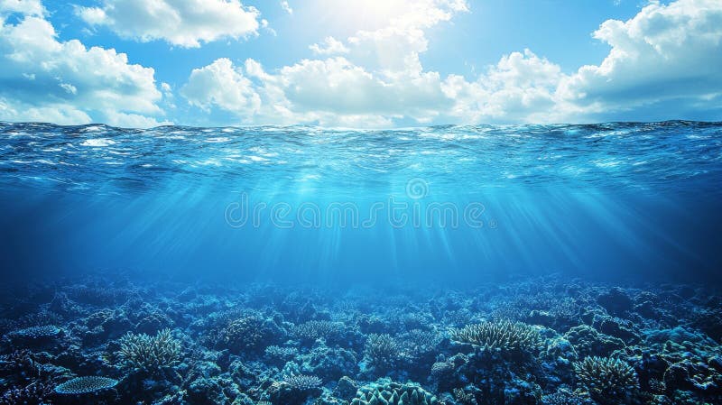 Split View of the Ocean Surface and Coral Reef Below. Stock Image ...