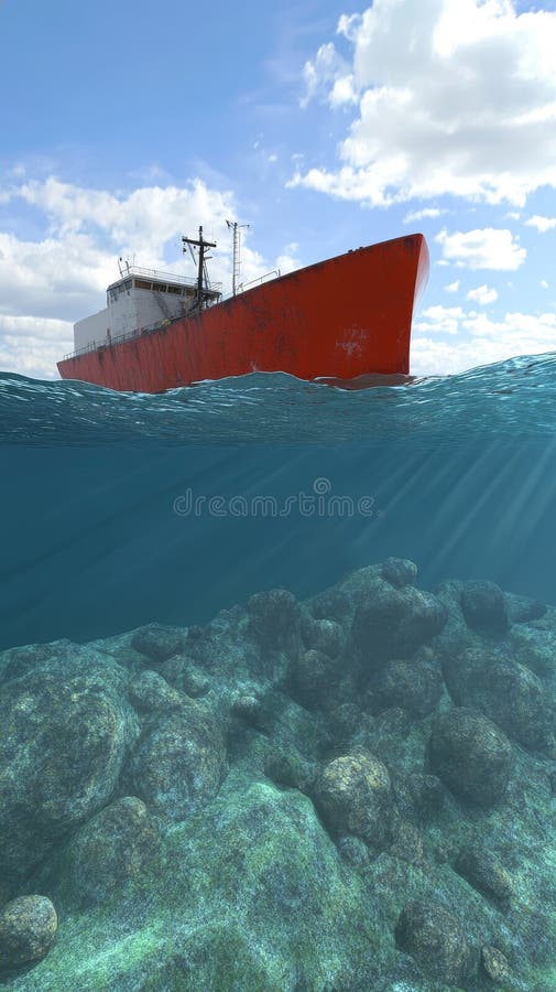 Split View of a Red Cargo Ship Sailing on the Ocean Surface with ...