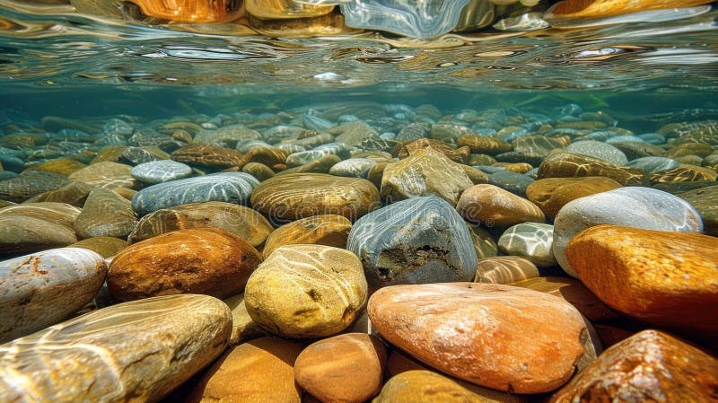 A Split View of a Shallow, Clear Stream, Showing Smooth, Colorful Rocks ...