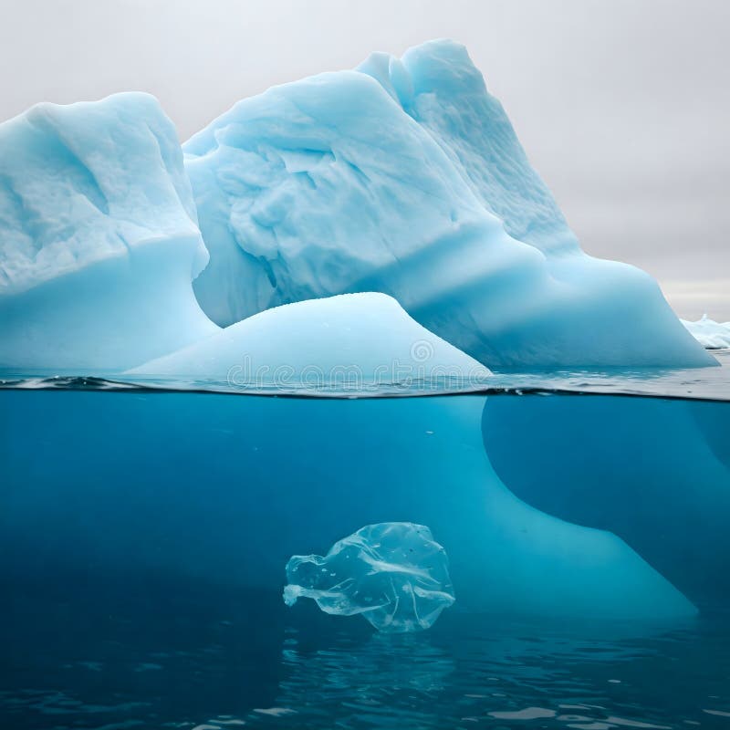 Split View Shows an Iceberg Above and Below Water with Plastic ...