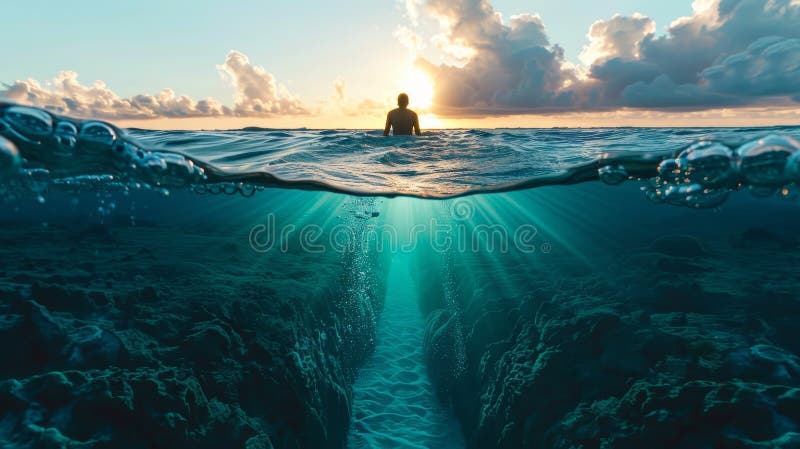 Split View of Tranquil Ocean Sunrise with Silhouetted Person and ...