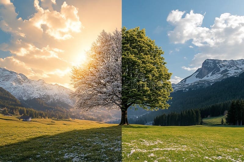 A Split View of a Tree in Both Spring and Autumn Seasons in a ...
