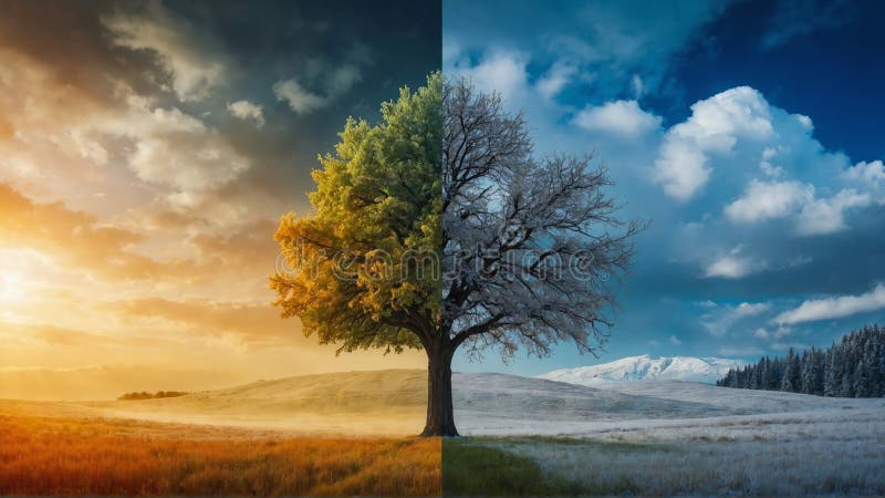 Split View of a Tree Showcasing Summer and Winter, Dual Season Nature ...
