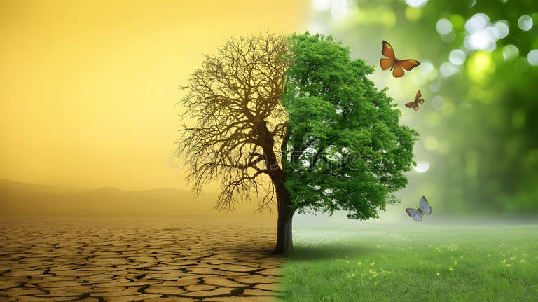 Split-View Tree Symbolizing Environmental Contrast between Life Stock ...