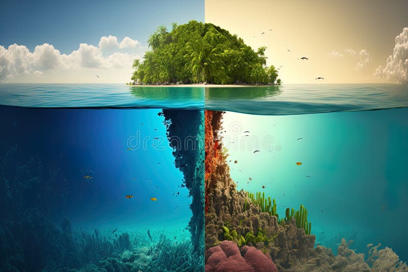 Split View of a Tropical Island and Coral Reef with a Waterline Stock ...
