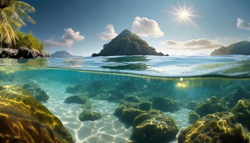 Split View of Tropical Island with Sunlit Underwater Reef and Palm ...