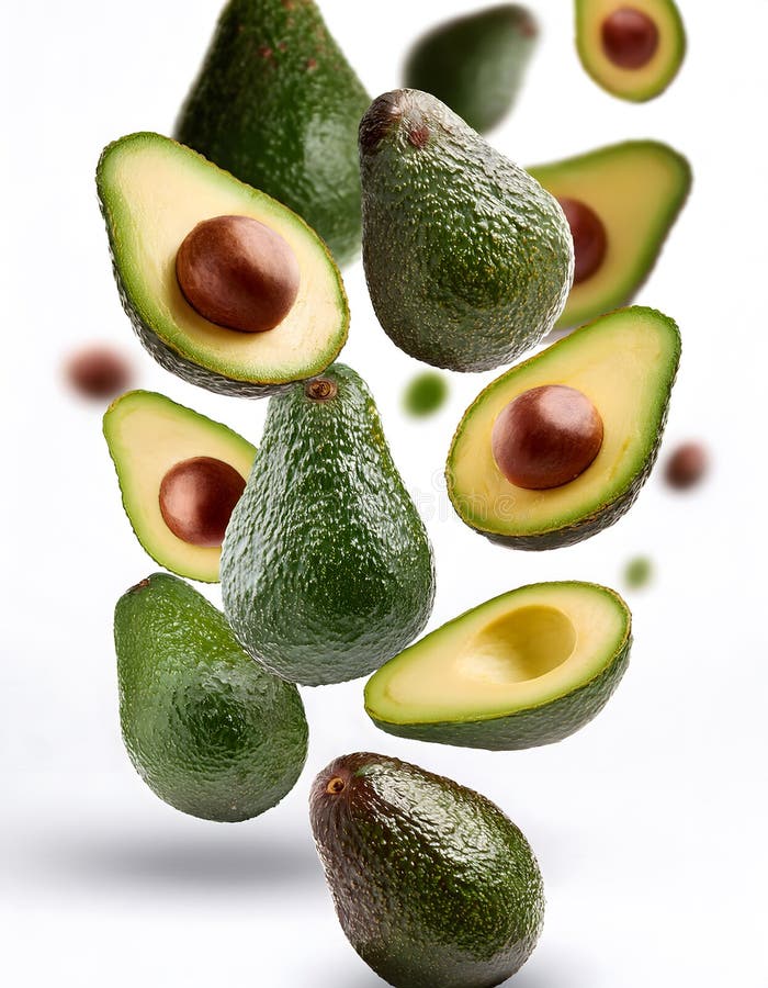 Split and Whole Avocados Falling and Floating Vertically Freely on ...