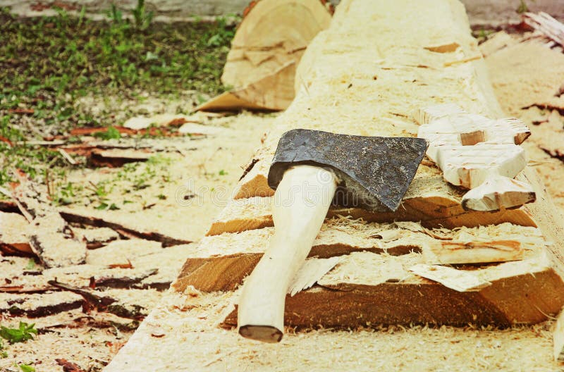 Splitting Axe on a Tree Trunk Taken Closeup. Stock Image - Image of ...