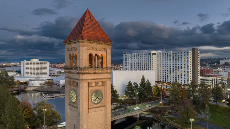 Spokane Clock Tower Downtown Hotel River Stock Image - Image of park ...