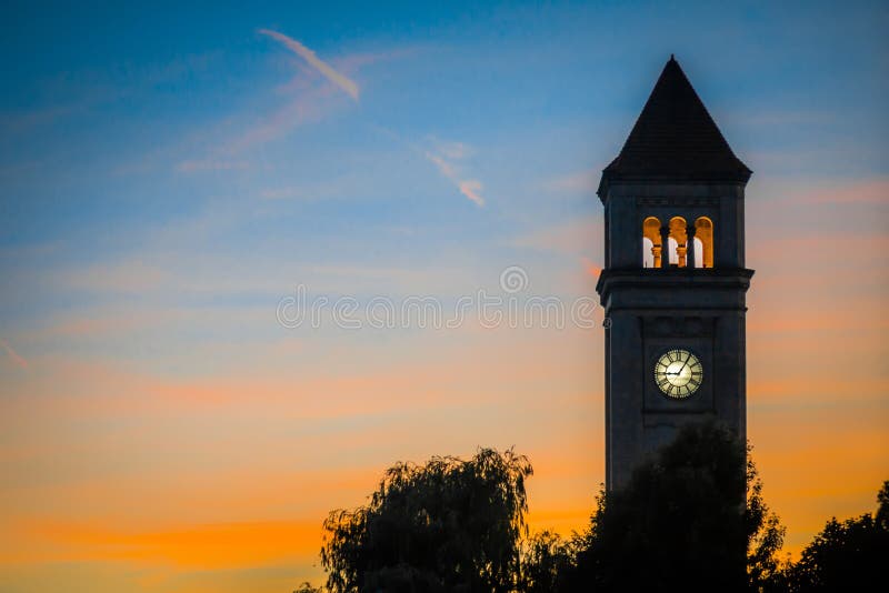 Spokane Downtown Clock Tower in Park at Sunset Stock Image - Image of ...