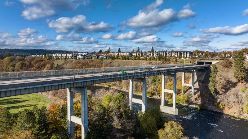 Spokane Maple Bridge River North Kendall Yards Stock Photo - Image of clouds, drone: 297733644