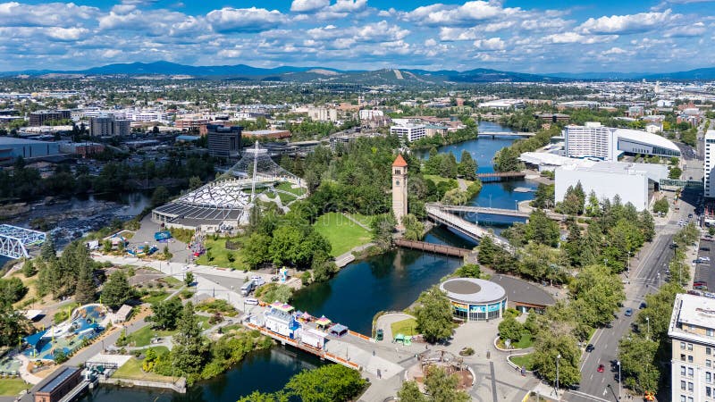 Spokane Park Riverfront Aerial Washington Stock Image - Image of tree ...