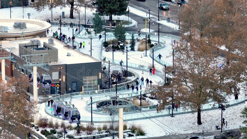 Spokane Riverfront Downtown Aerial Ice Skating Stock Footage - Video of ...