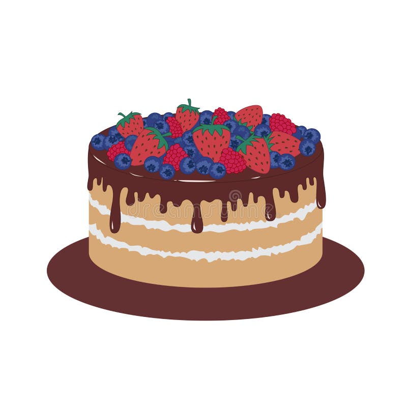 Sponge Cake with Chocolate Icing and Berries. Vector Illustration Stock ...