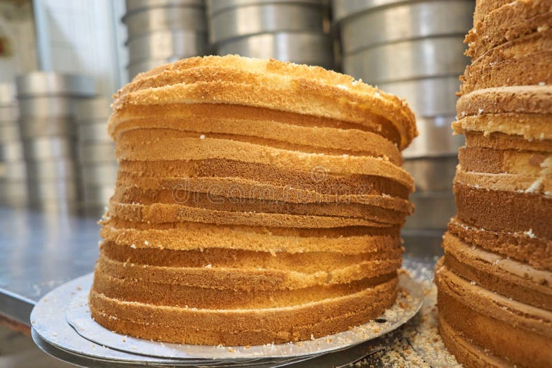 Sponge Cake Cut and Piled on Worktop Stock Image - Image of food ...