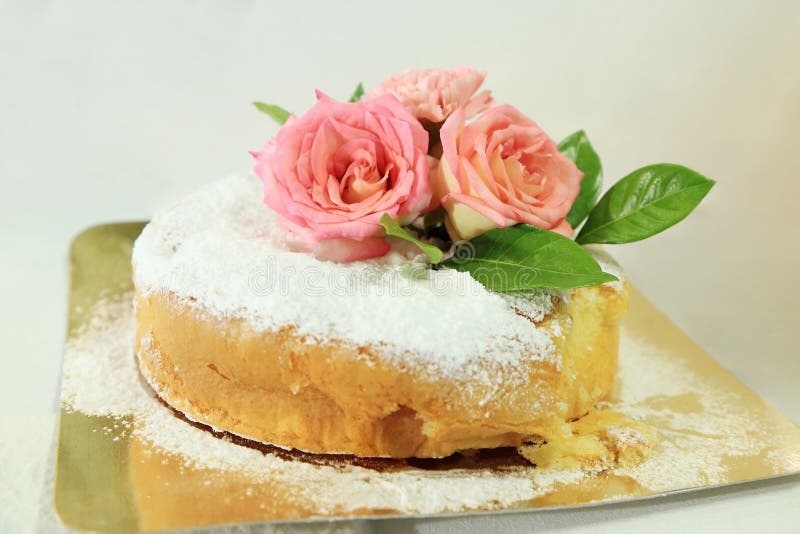 Sponge Cake with Icing Decorated with Real Roses. Stock Image - Image ...