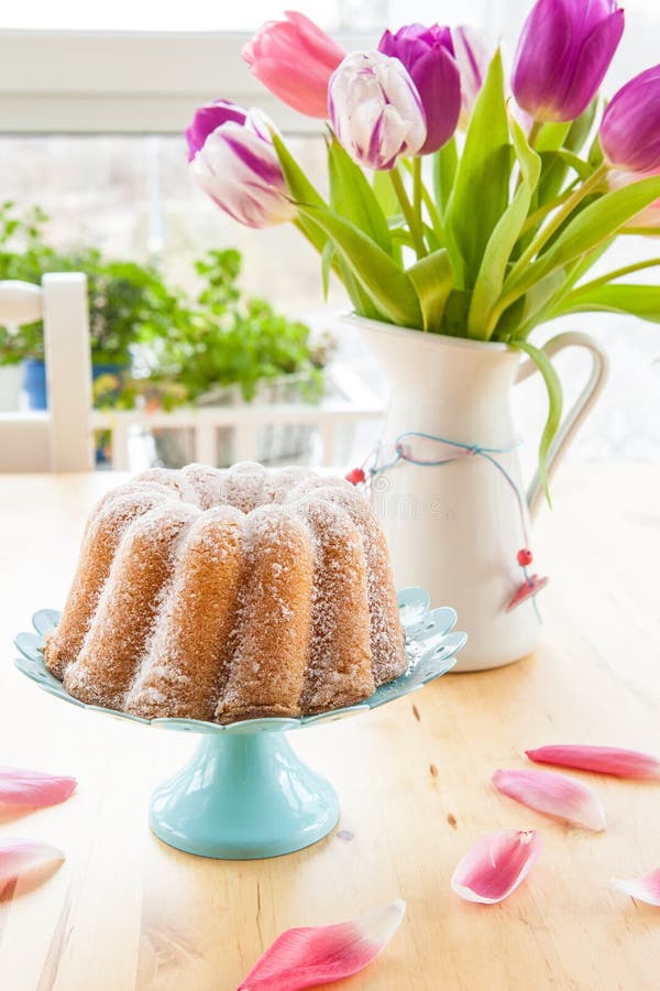 Sponge cake and tulips stock photo. Image of poundcake - 51072410