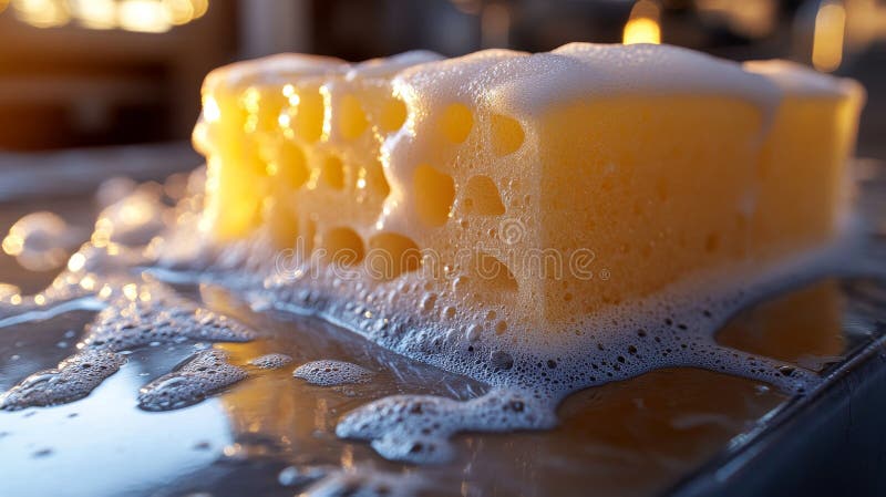 Sponge Covered in Soap Bubbles Resting on a Metallic Surface during ...