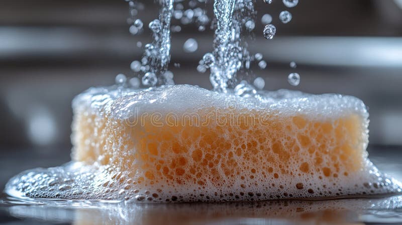 Sponge Covered in Soap Bubbles Resting on a Metallic Surface during ...