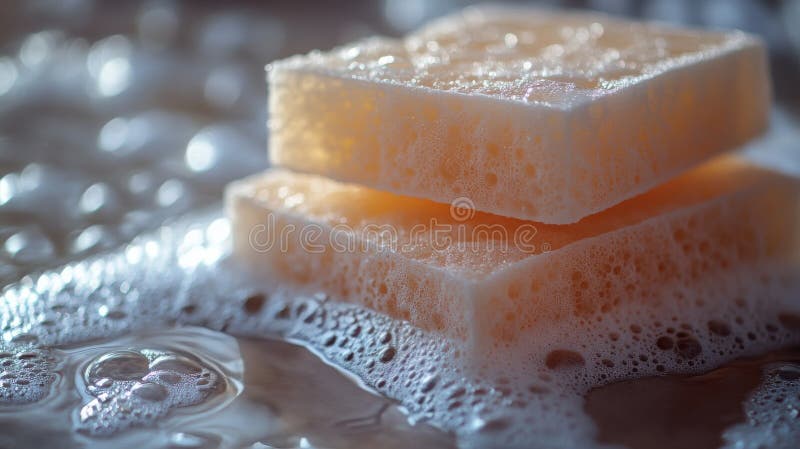 Sponge Covered in Soap Bubbles Resting on a Metallic Surface during ...