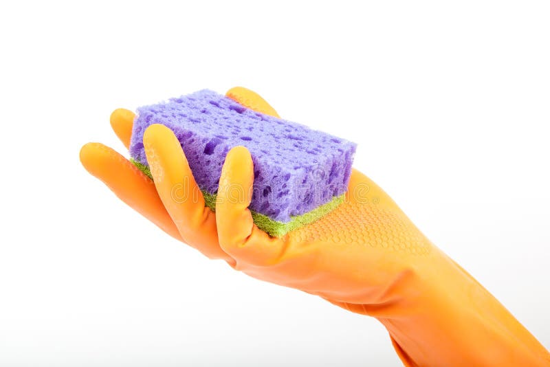 Hand with Rubber Glove and Cleaning Sponge. Stock Image - Image of wash ...