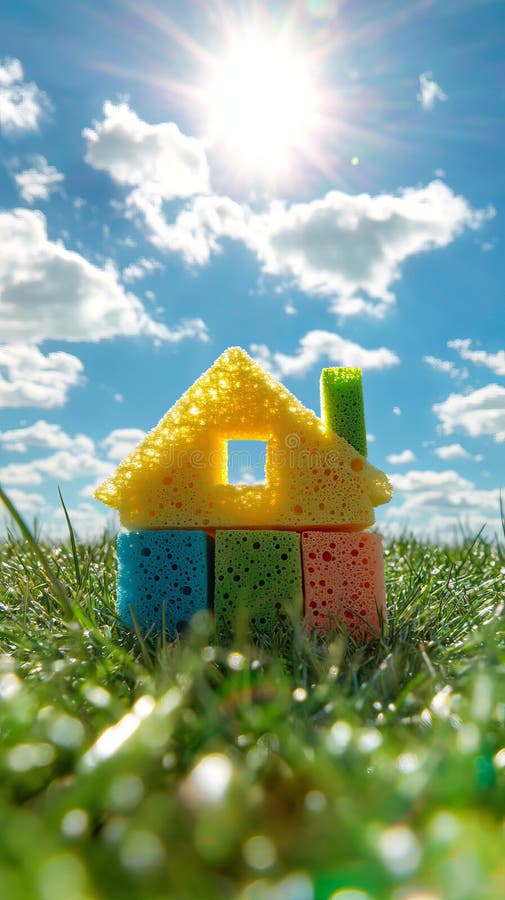 Sponge House Under Bright Sun on Grassy Field, Creativity and Playful ...