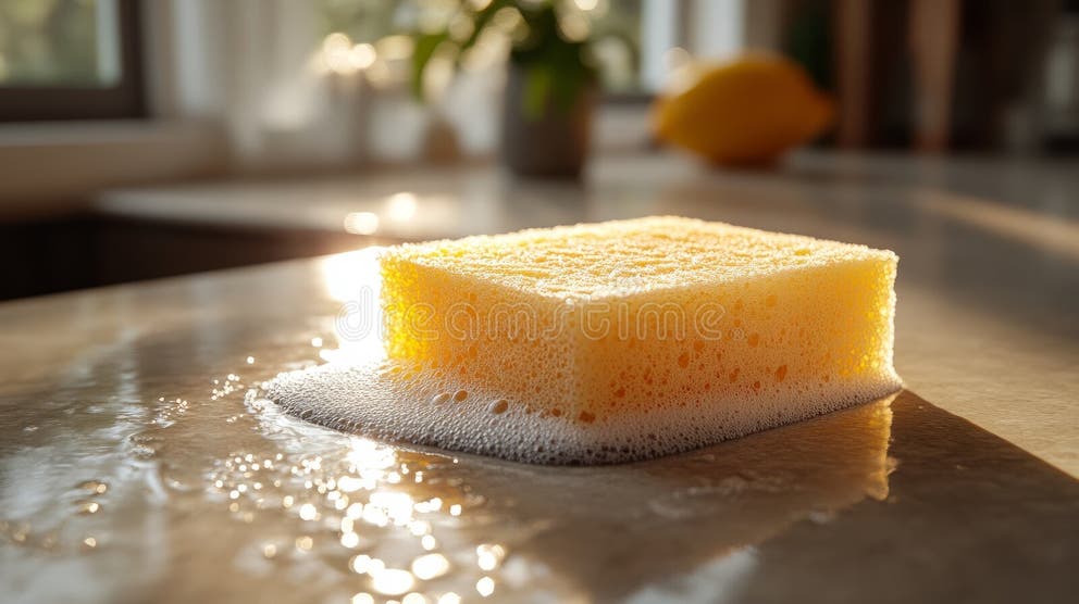 Sponge on Kitchen Countertop with Sunlight and Bubbles. Stock Image ...