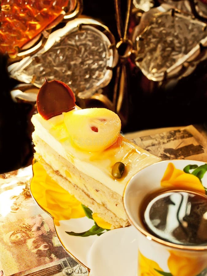 Sponge Pear Cake with Soft Praline in Cafe Stock Photo - Image of ...