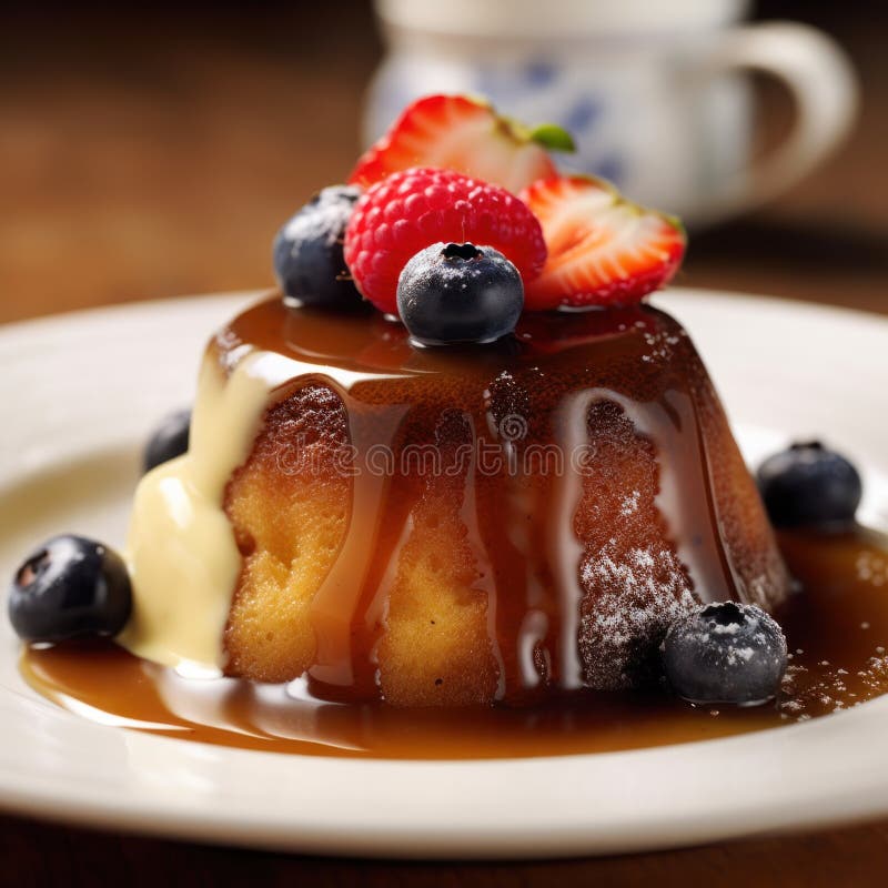 Sponge Pudding with Maple Syrup, Custard, and Berries Stock ...