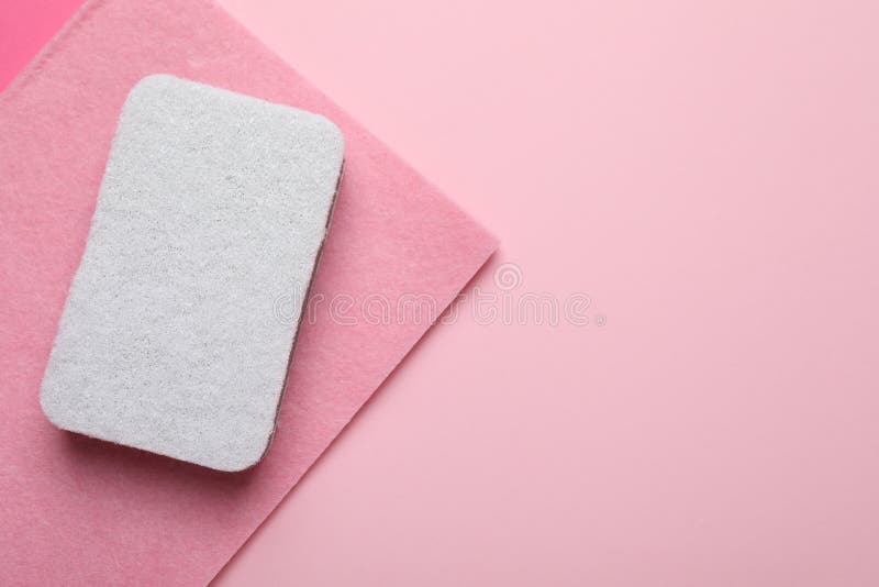 Sponge and Rag on Pink Background, Top View. Space for Text Stock Image ...