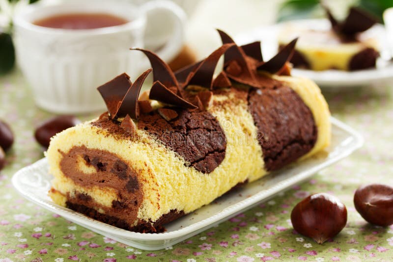 Sponge roll with chocolate stock photo. Image of portion - 48590230