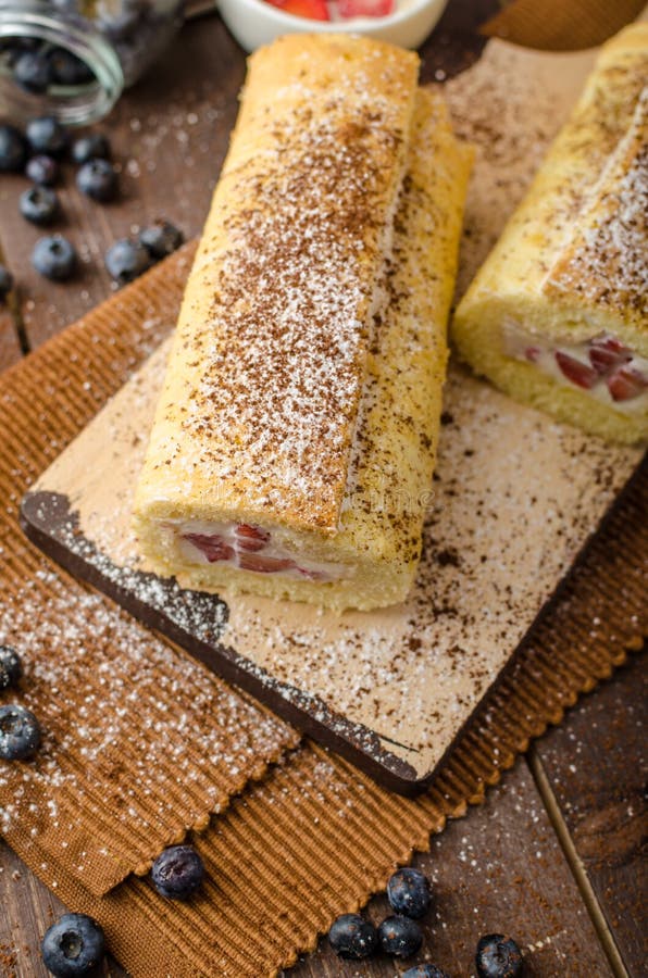 Sponge Roll Stuffed with Strawberry Cream Stock Photo - Image of jelly ...