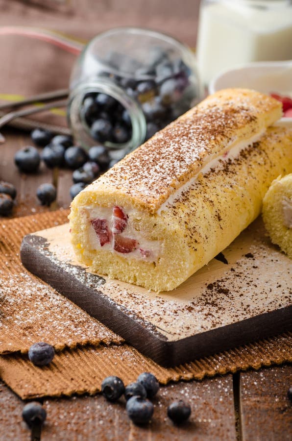 Sponge Roll Stuffed with Strawberry Cream Stock Photo - Image of jelly ...