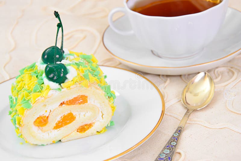 Sponge Roulade with Cream, Mandarin and Cherry Stock Photo - Image of ...