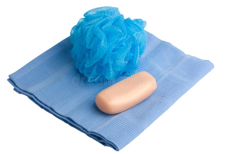 Sponge and Soap on a Blue Background. Stock Image - Image of blue ...