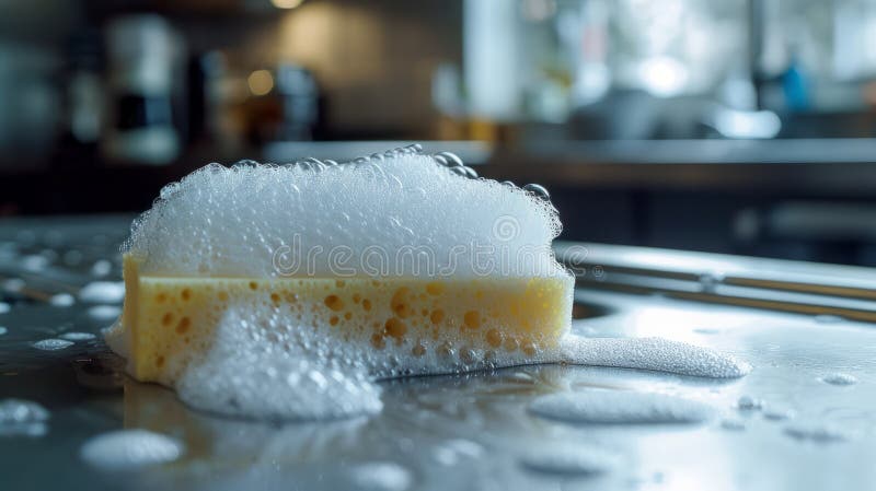 Sponge with Soapy Bubbles on a Kitchen Counter. Stock Image - Image of ...