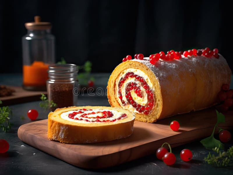 Sponge Swiss Roll with Fresh Fruits. Generaive AI Stock Illustration ...