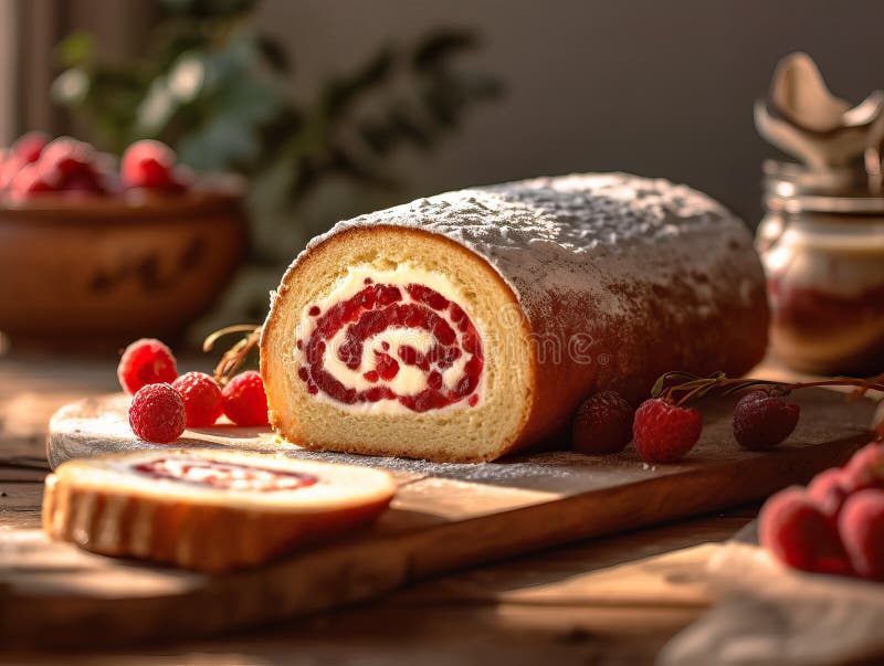 Sponge Swiss Roll with Fresh Fruits. Generaive AI Stock Illustration ...